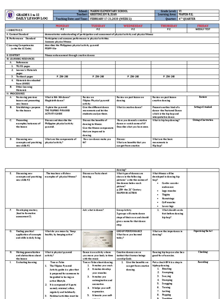 DLL - Mapeh 6 - Q4 - W5 | PDF | Dances | Physical Fitness