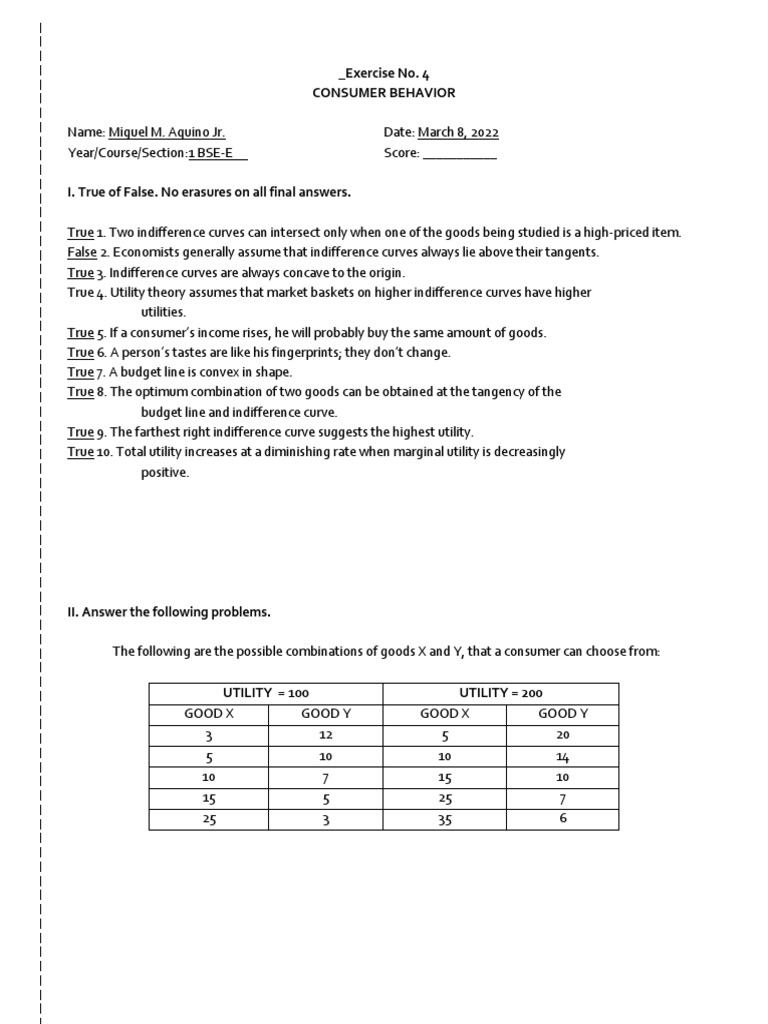 Aquino JR., Miguel M. - 1BSE-E - Econ213-Exercise No 4 | PDF | Utility | Economies