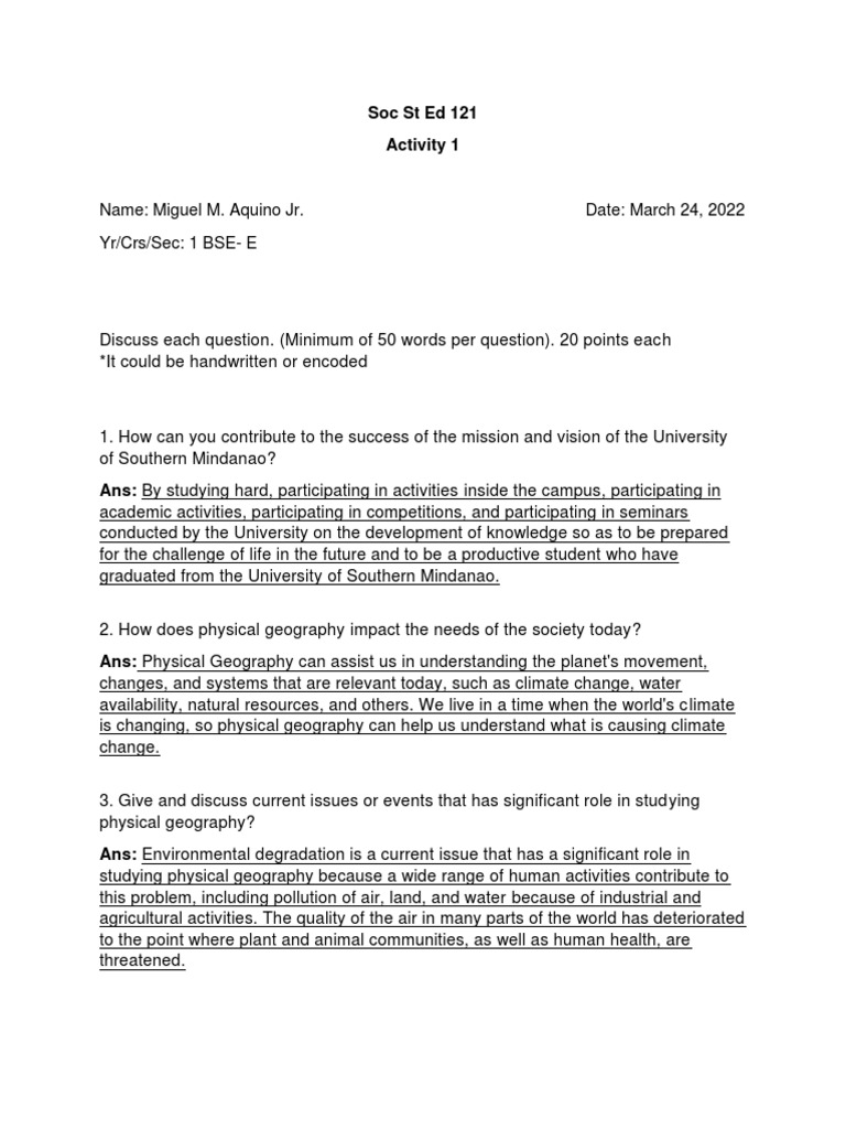 Soc St Ed 121 Activity 1 - Contributing to USM's Mission and Vision | PDF