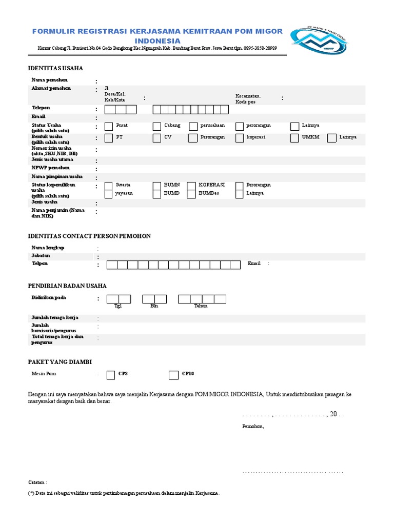 FORM REGISTRASI KERJASAMA | PDF