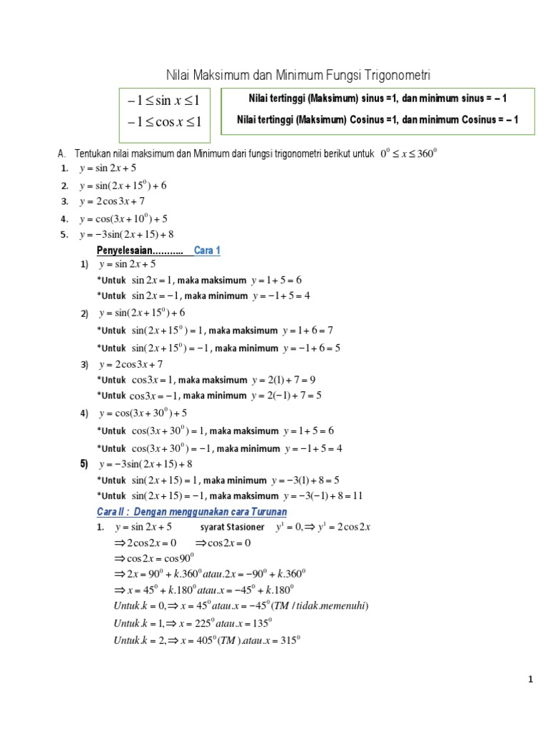 Materi Nilai Maksimum Dan Minimum Fungsi Trigonometri 1 | PDF