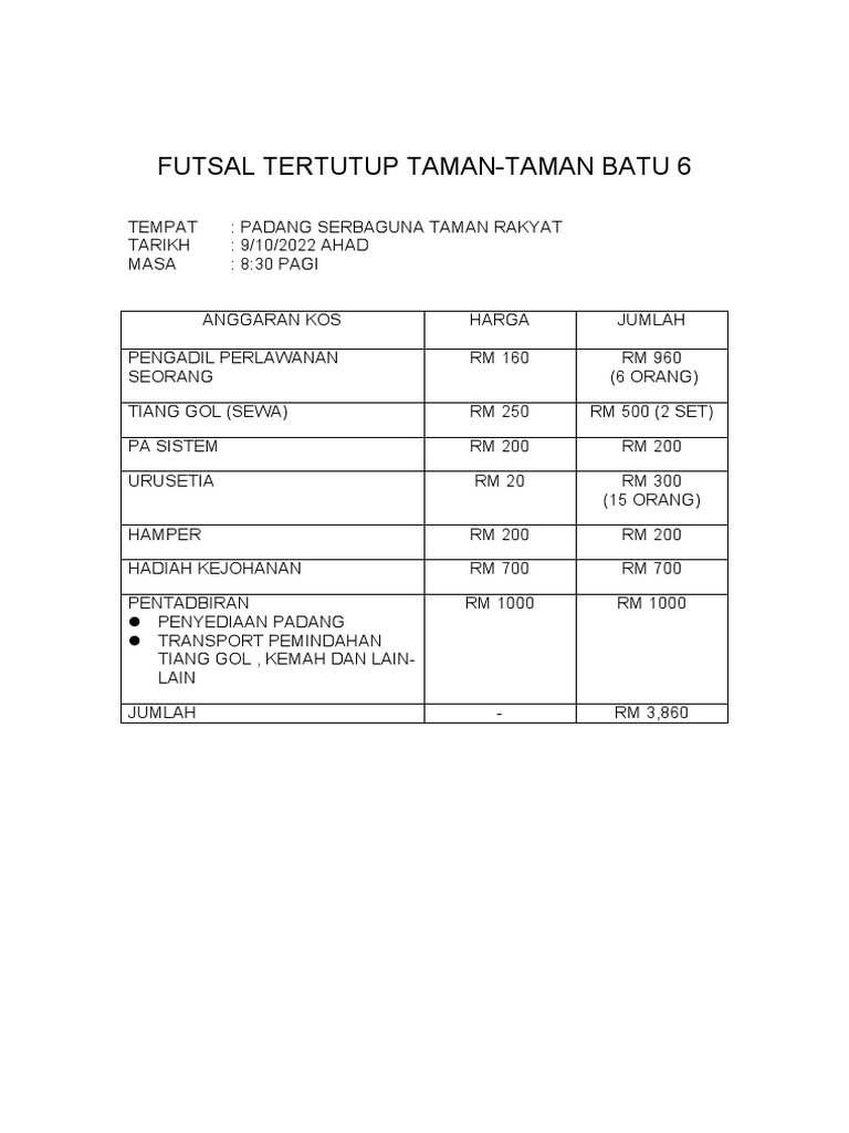 Anggaran Kos Futsal TMN TMN Batu 6 | PDF