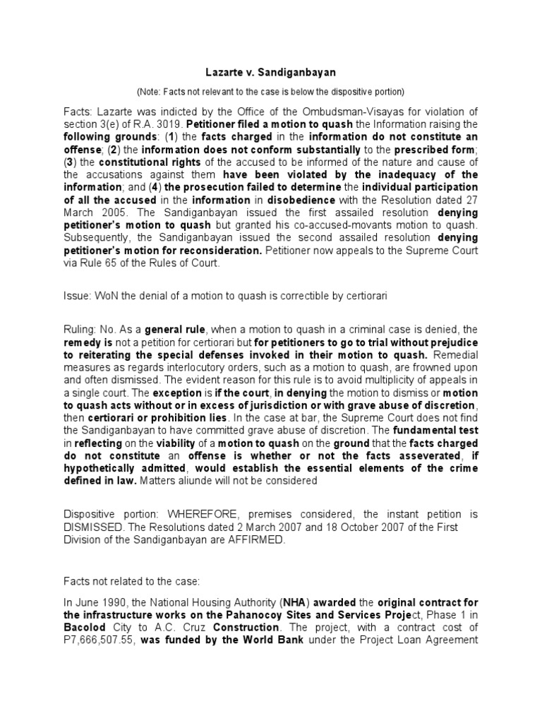 The Supreme Court Affirms the Sandiganbayan's Denial of the Motion to ...