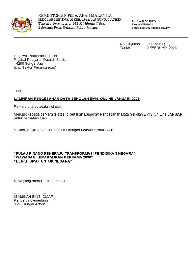 Surat Iringan Data EMISS Ke PPD - Lampiran Pengesahan Data Sekolah 2023 | PDF
