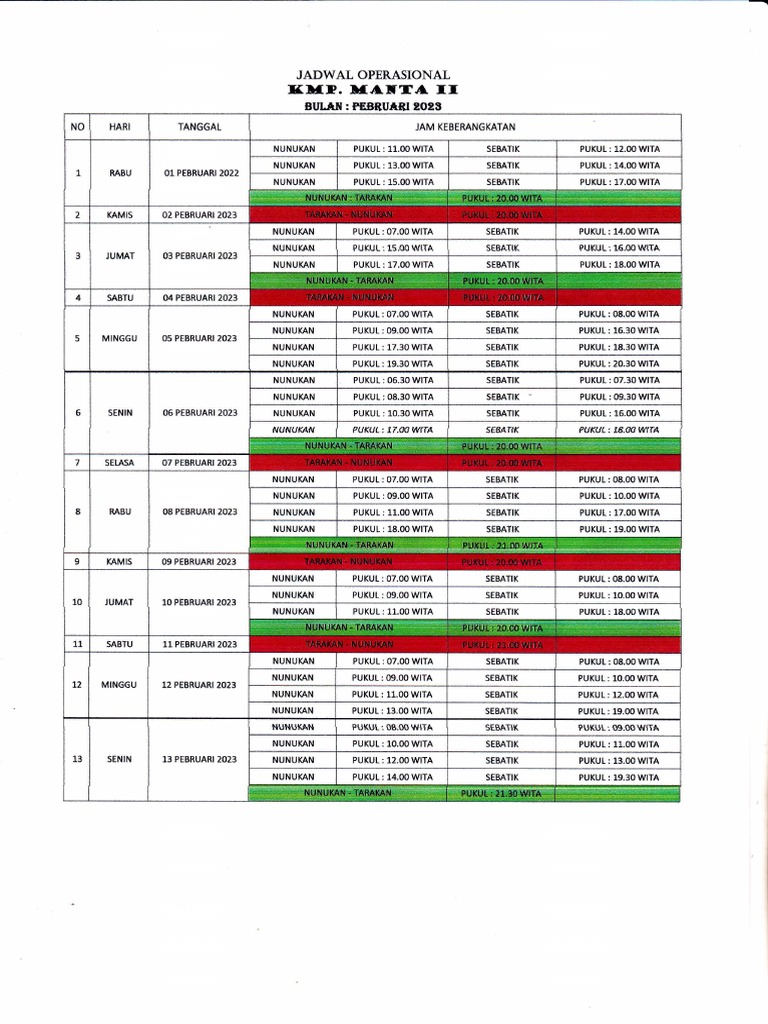 Jadwal Operasional Kmp. Manta Ii Pebruari 2023 | PDF