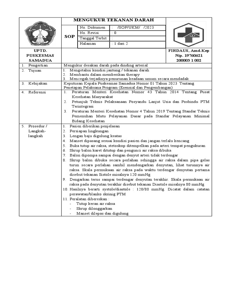 SOP Pengukuran Tekanan Darah | PDF