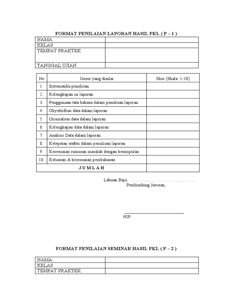 Format Penilaian Laporan Hasil PKL | PDF