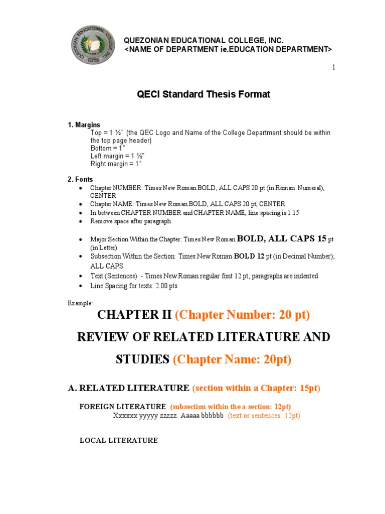 QECI Standard Thesis Format As of May 2022 | PDF | Paragraph | Times New Roman