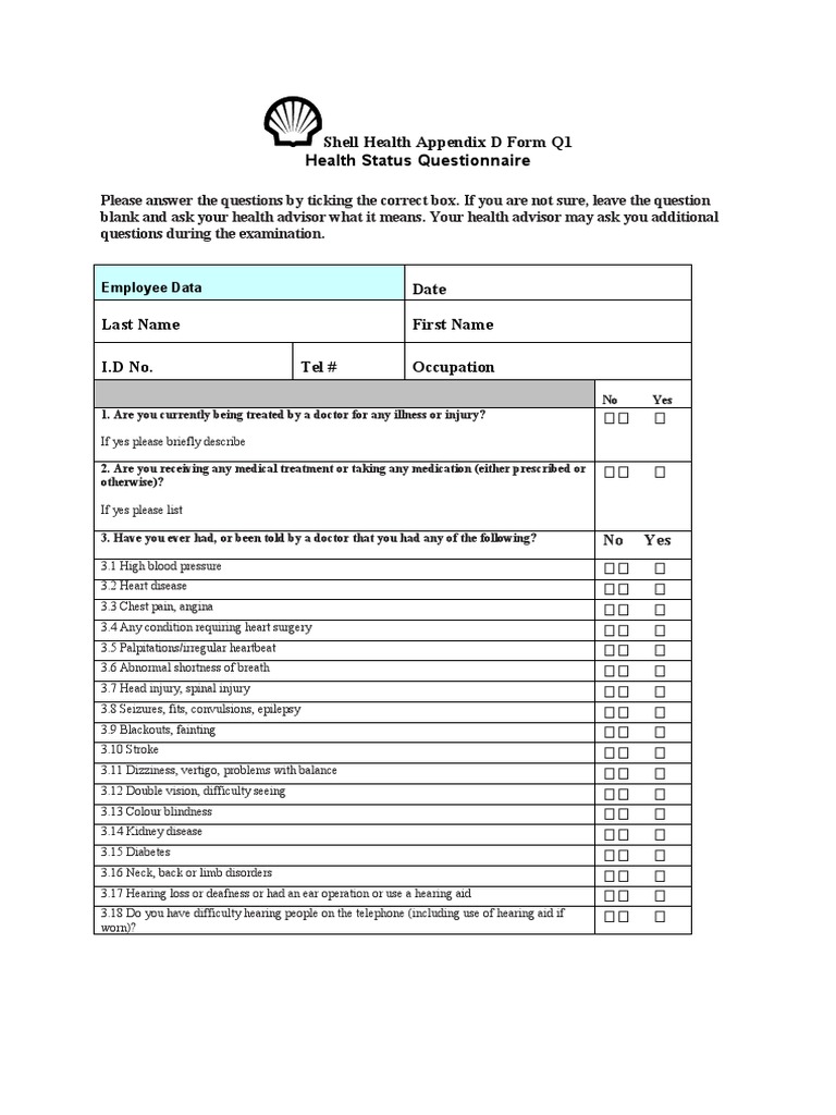 Health Status Questionnaire Form Q1 | PDF | Medical Specialties ...