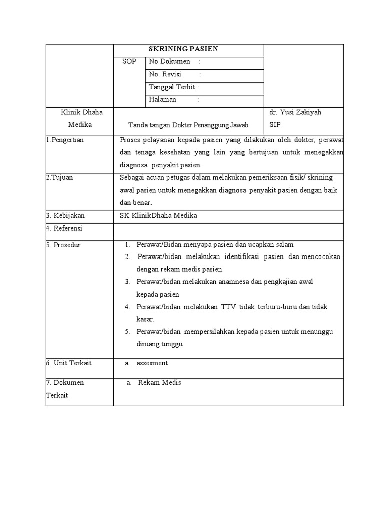 SOP Skrining Pasien Klinik Dhaha Medika | PDF