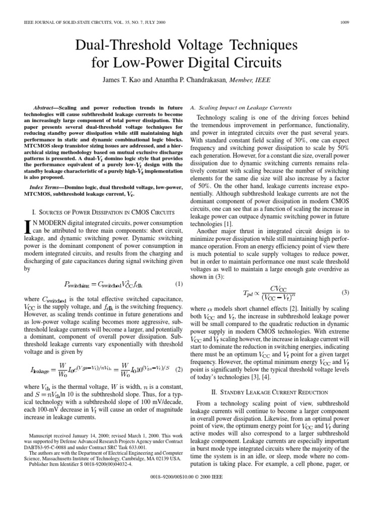 Dual-Threshold Voltage Techniques For Low-Power Digital Circuits | PDF | Mosfet | Cmos