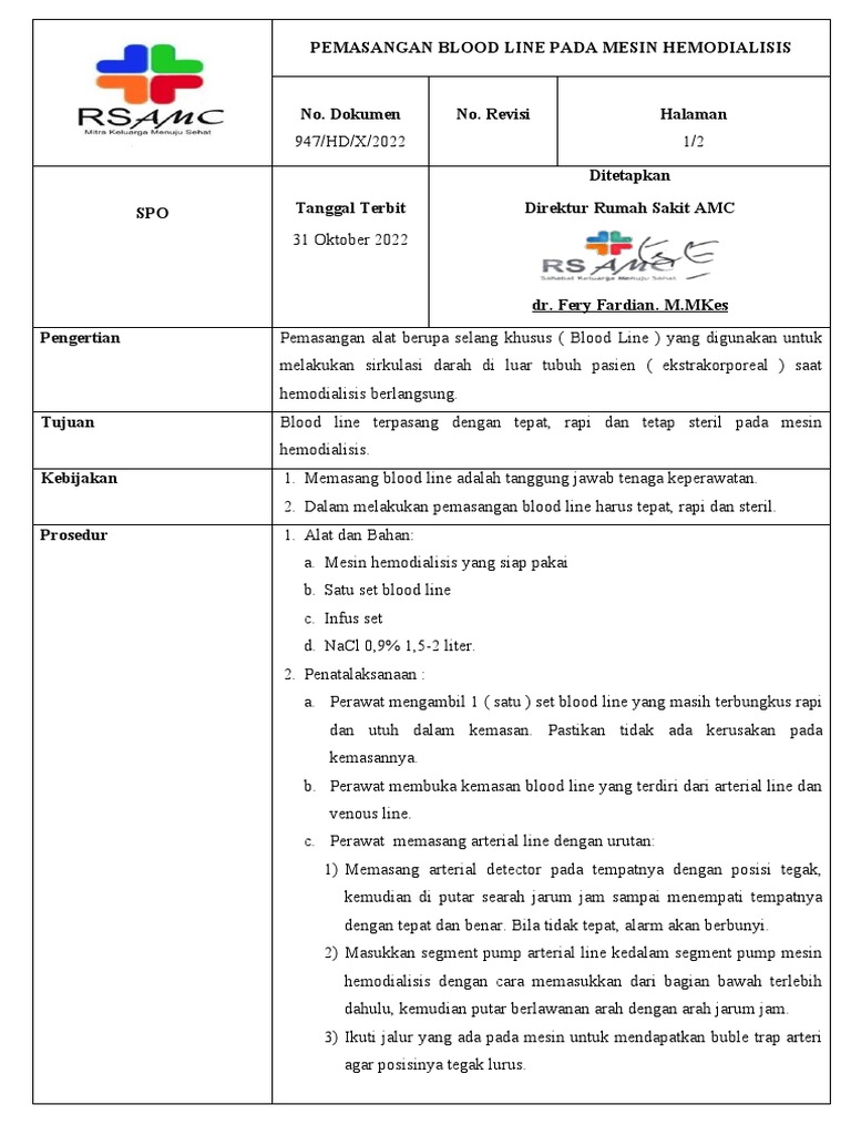 Spo Pemasangan Blood Line Pada Mesin Hemodialisis | PDF