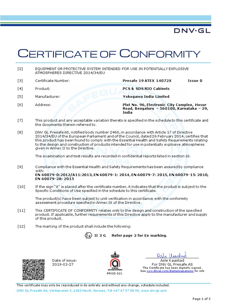 Certification of Explosion Protection for PCS & SDS RIO Cabinets ...