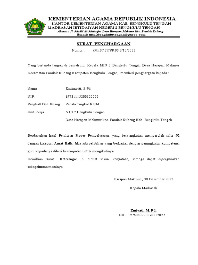 Surat Penghargaan Untuk Guru Min 2 Benteng | PDF