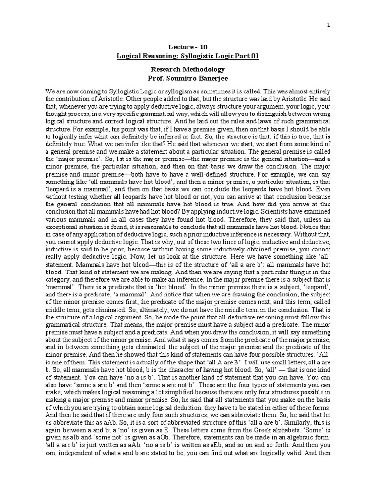10 Lecture 10 Logical Reasoning Syllogistic Logic Part 01 Pdf