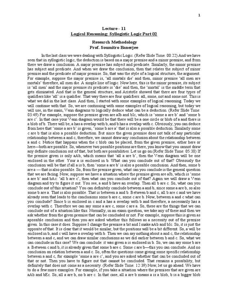 11 - Lecture 11 - Logical Reasoning Syllogistic Logic Part 02 | PDF | Logic | Deductive Reasoning