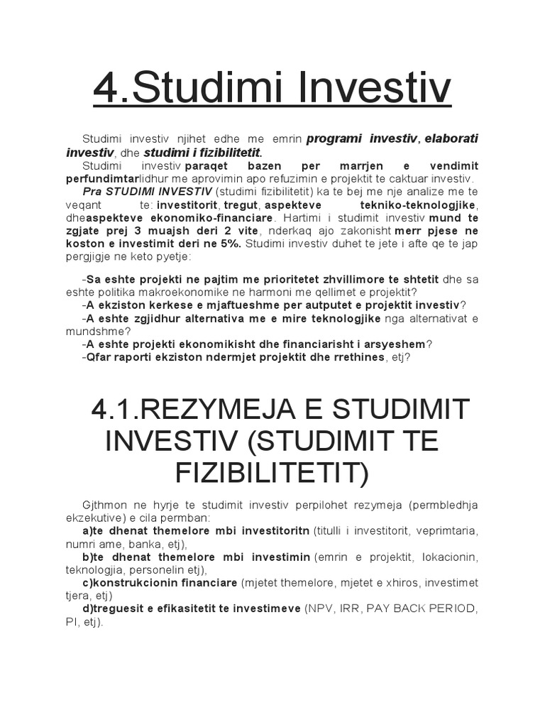 4.studimi Investiv: 4.1.rezymeja E Studimit Investiv (Studimit Te Fizibilitetit) | PDF