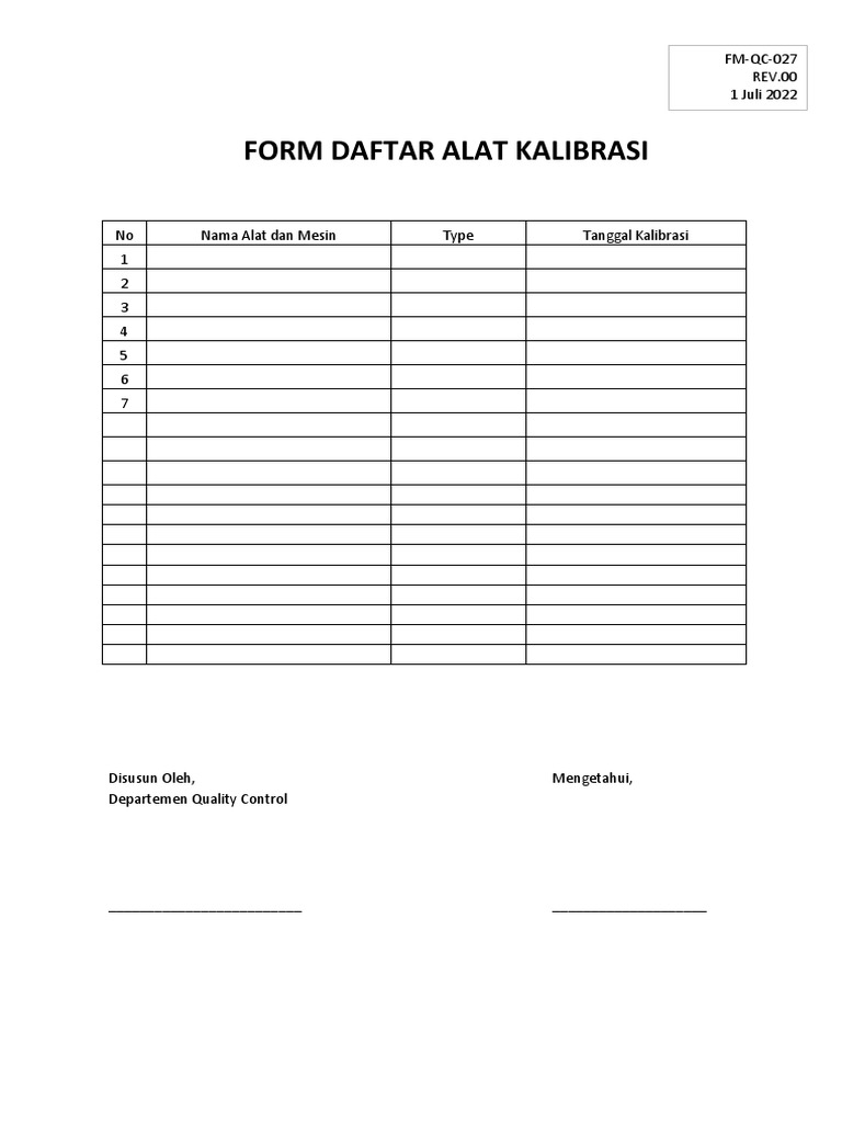 Form Daftar Alat Kalibrasi QC | PDF