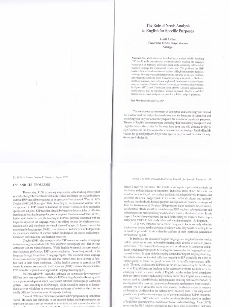 Astika ESP and Need Analysis | PDF | Teachers | Teaching Method