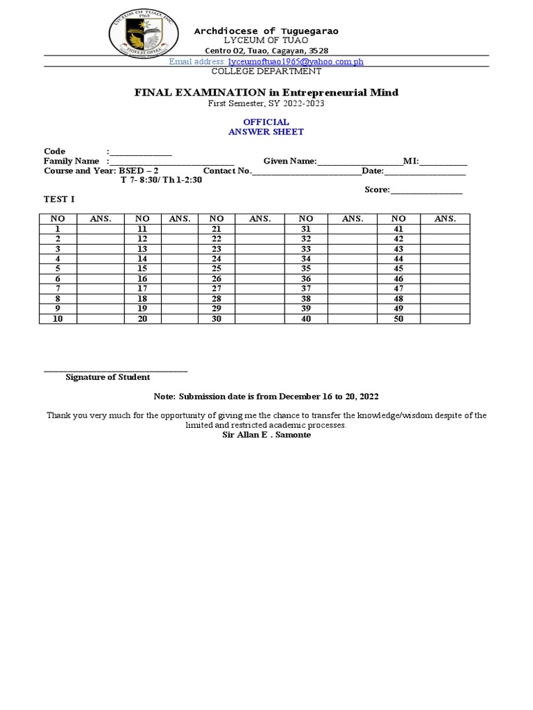 Entrep 1 Answer Sheet Final Examination BSED 2 . | PDF