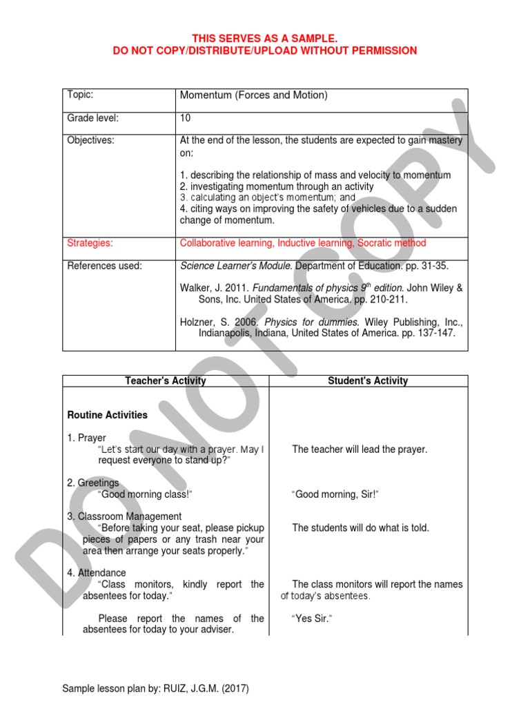 Sample Detailed Lesson Plan | PDF | Momentum | Mass