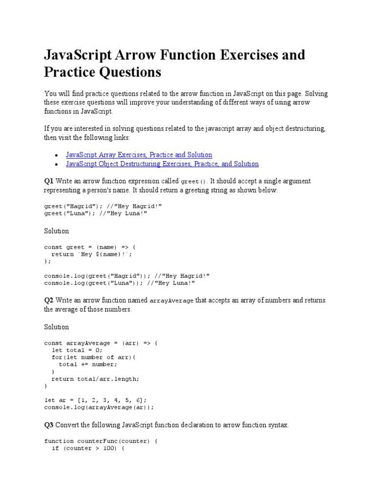 JavaScript Arrow Function Exercises and Practice Questions | PDF | Java ...
