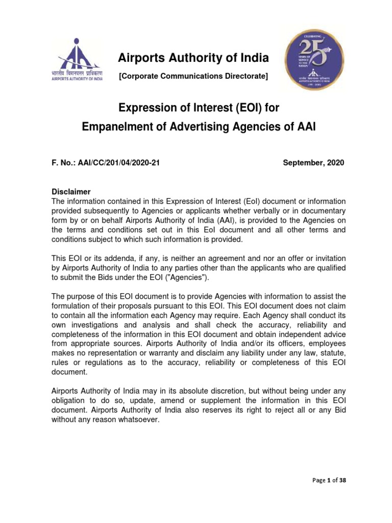 EOI For Empanelment of Advertising Agencies of AAI | PDF | Business ...