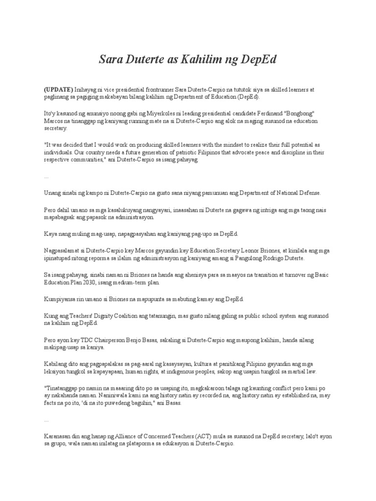 Sara Duterte As Kahilim NG DepEd (News) | PDF