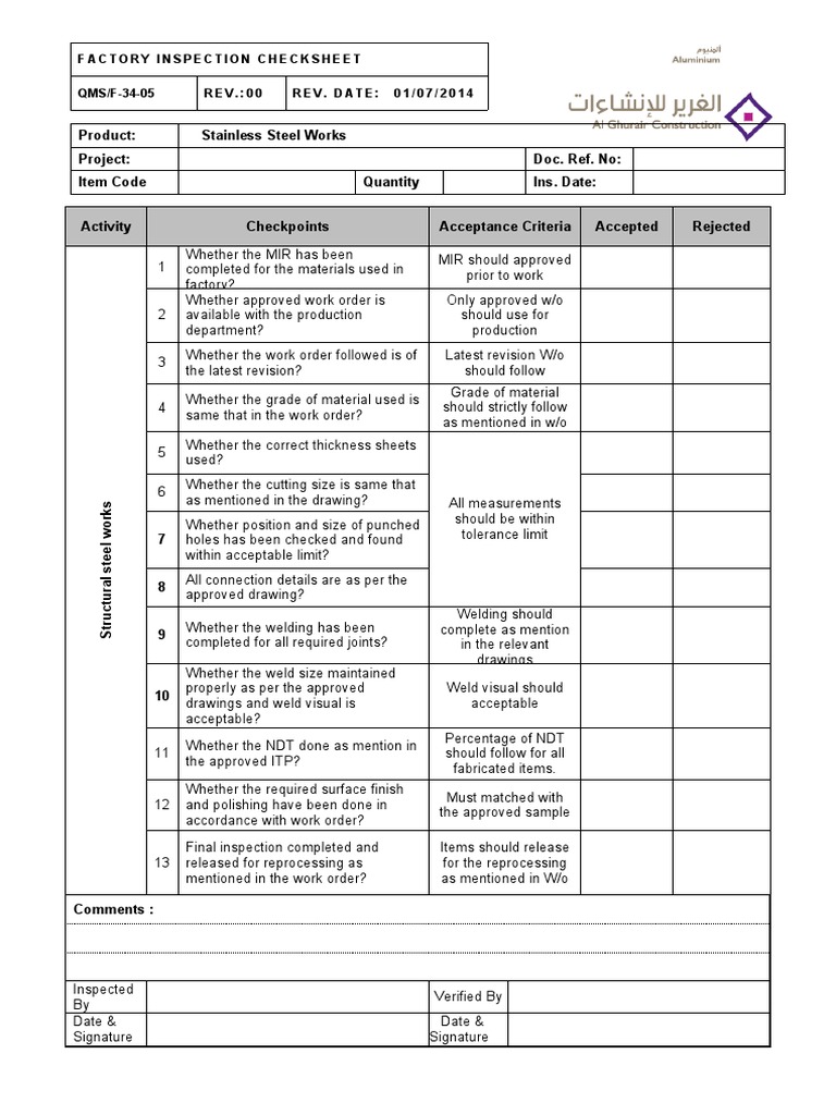 Factory Checklist For Stainless Steel | PDF | Welding | Construction