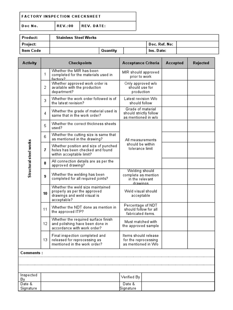 Factory Inspection Checklist for Steel Works | PDF | Welding | Construction