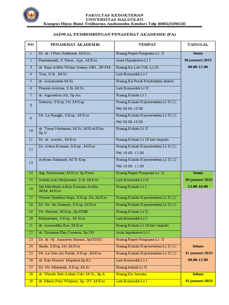 Jadwal Pembimbingan PA Sem Genap 2022-2023 | PDF