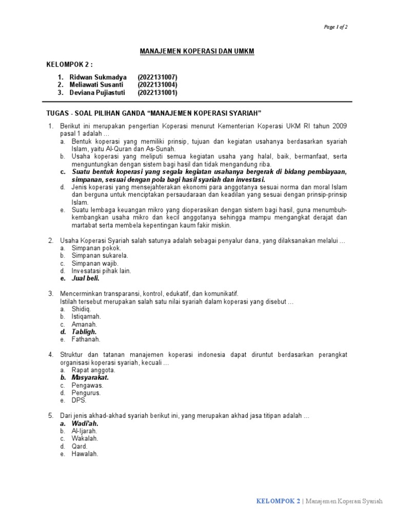 Kelompok 2 - Tugas Multiple Choice (Manajemen Koperasi Syariah) - 1 Jan 2023 | PDF | Pengelolaan ...