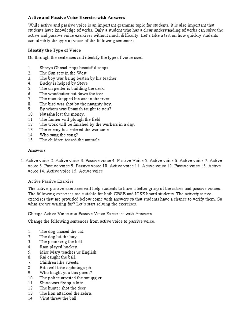 Active and Passive Voice Exercise With Answers | PDF