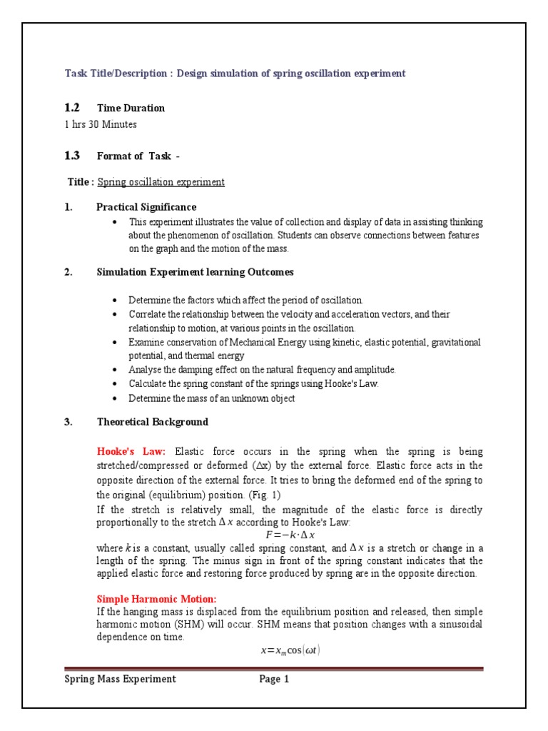 Spring Mass Experiment Student Sheet | PDF | Oscillation | Force