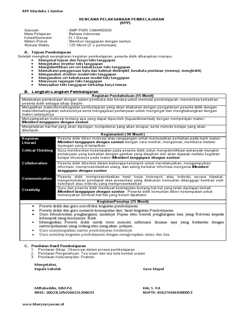 RPP Bahasa Indonesia Kls.9 Genap 21-22 | PDF