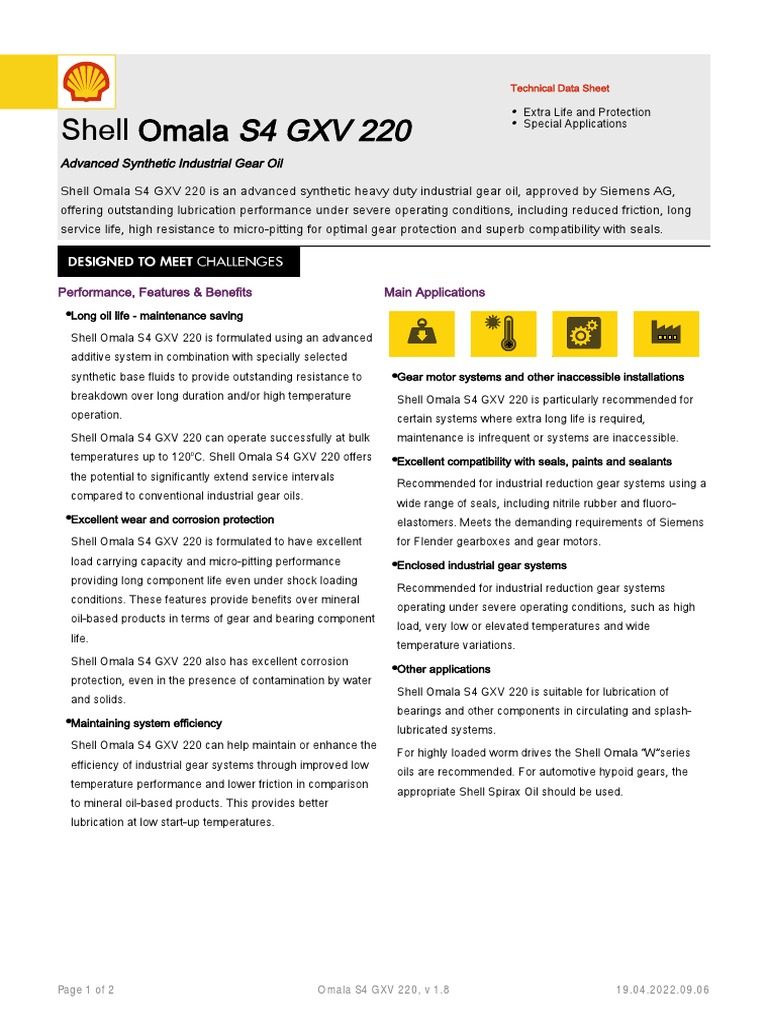 TDS Shell Omala S4 GXV 220 | PDF | Lubricant | Materials