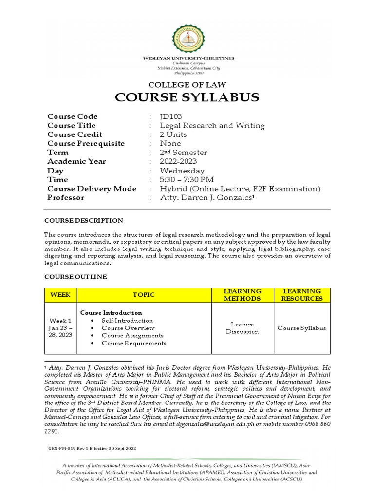 Legal Research and Writing Syllabus | PDF | Legal Education | Test ...