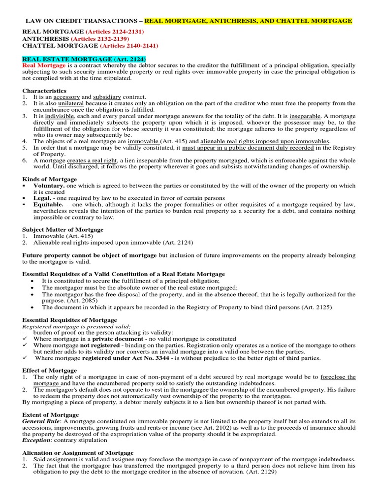 Real Mortgage, Antichresis, Chattel Mortgage | PDF | Mortgage Law | Foreclosure