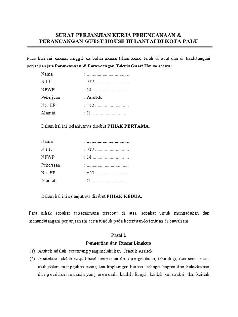 Contoh Surat Perjanjian Kerja (Kontrak) Guest House | PDF