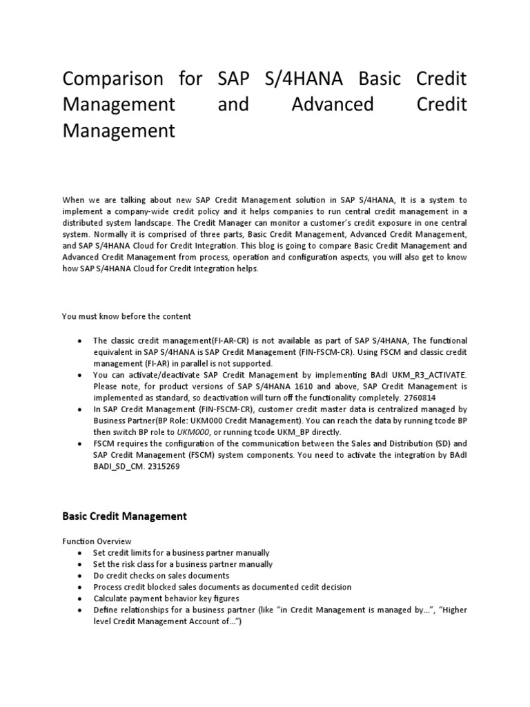 Comparing Basic and Advanced Credit Management in SAP S/4HANA | PDF ...
