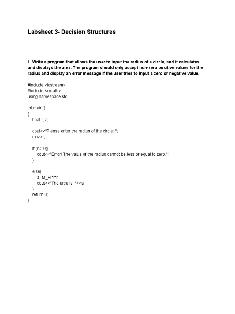 Decision Structures Labsheet | PDF | Square Root | Elementary Mathematics