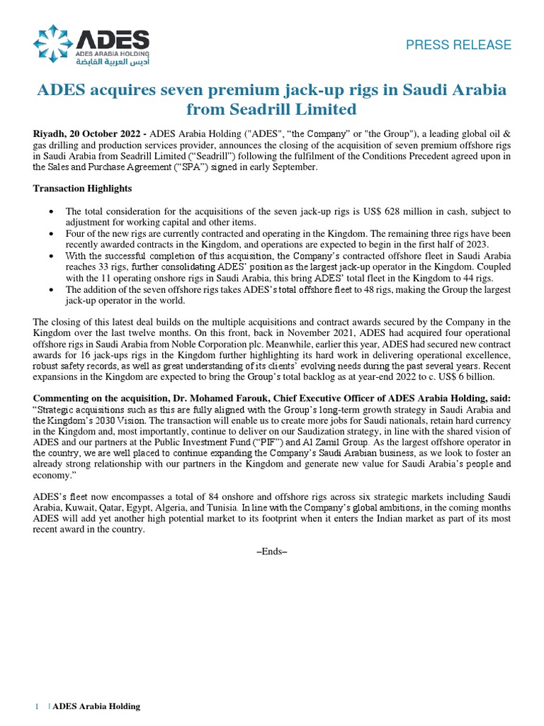 ADES PR Seadrill Acquisition | PDF | Offshore Drilling | Saudi Arabia