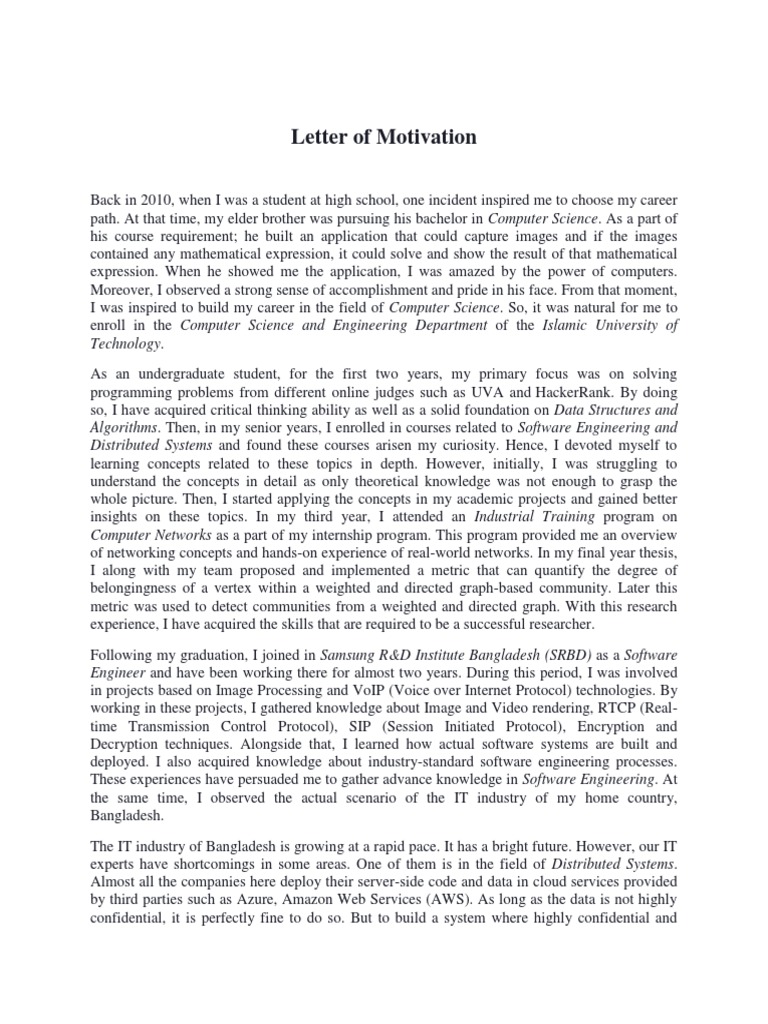 Motivation Letter for CS Master's Program | PDF | Computer Science ...