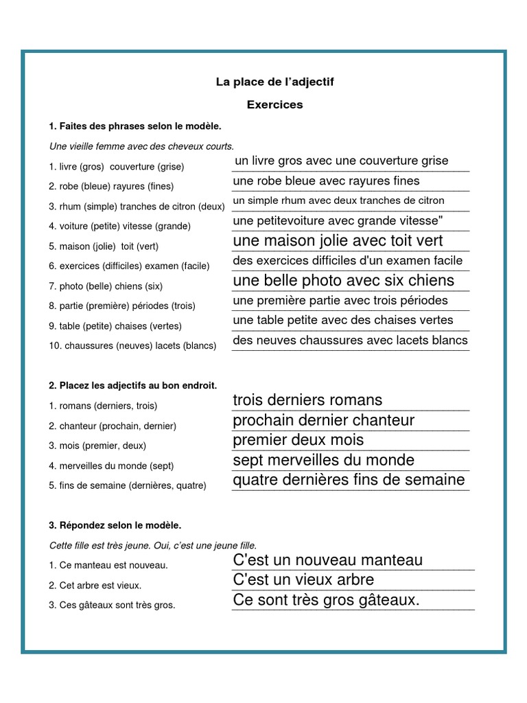 La Place de L'adjectif Exercices-1 | PDF | Arts du langage et ...