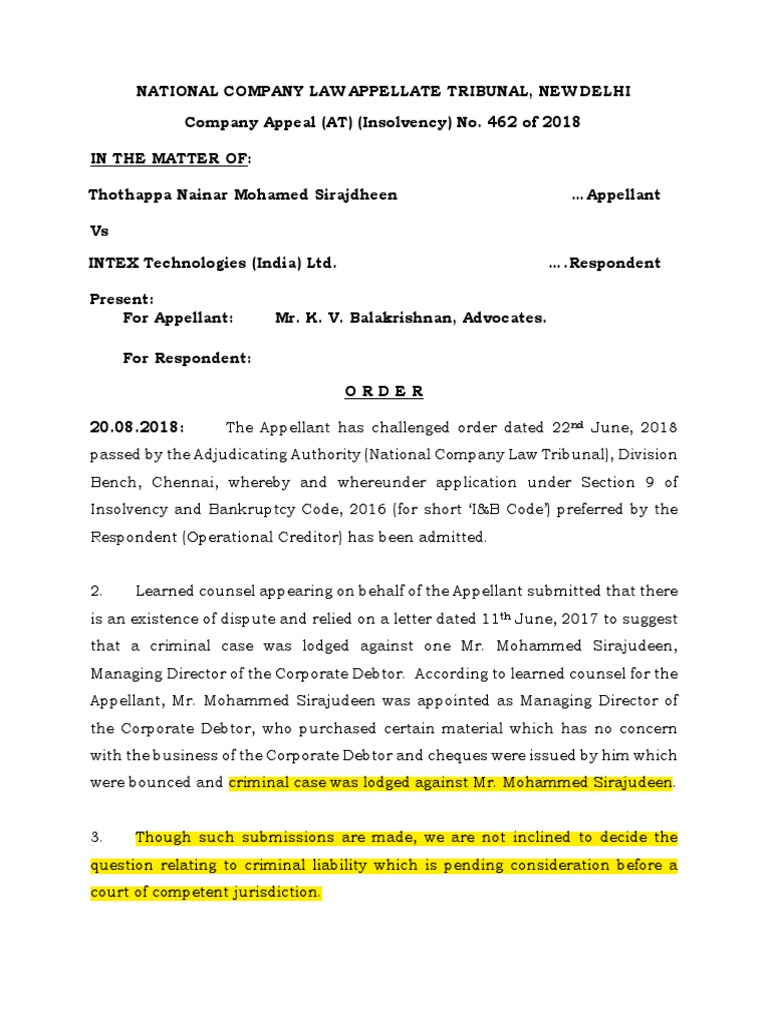 Appeal Dismissed: NCLAT Upholds Admission of Insolvency Application ...