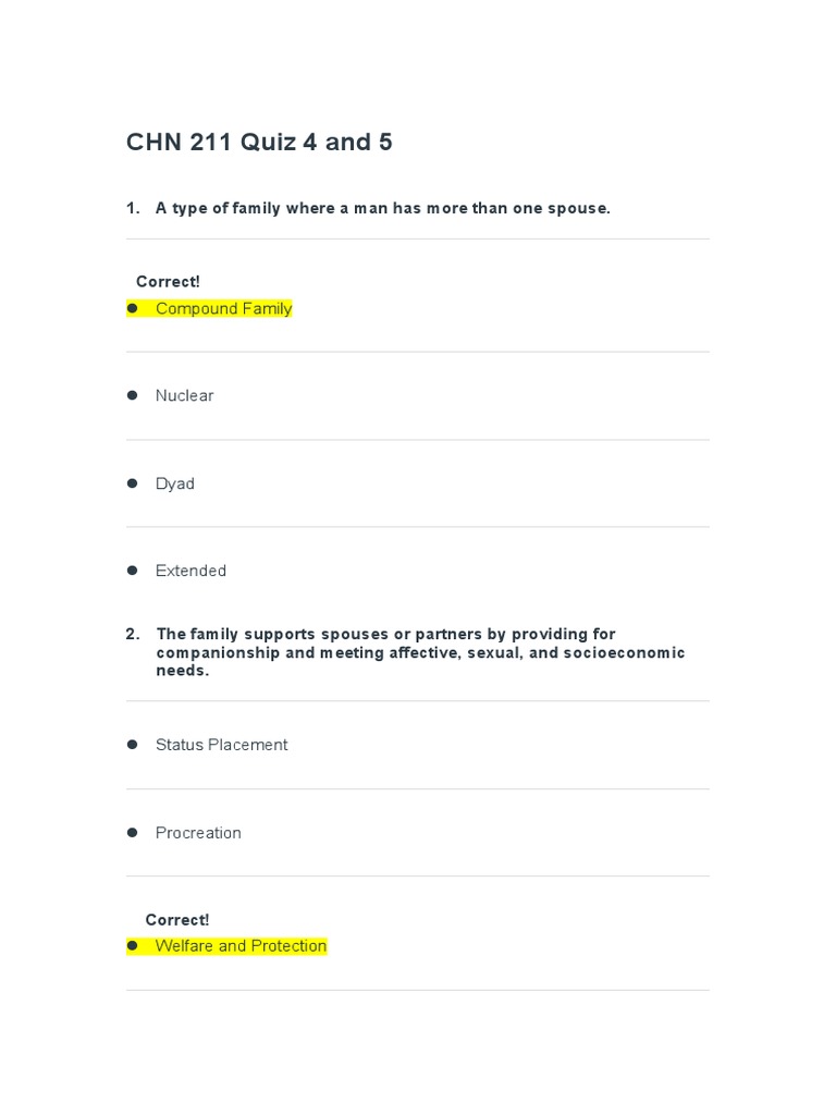 CHN 211 Quiz 4 and 5 | Download Free PDF | Medical Diagnosis | Family