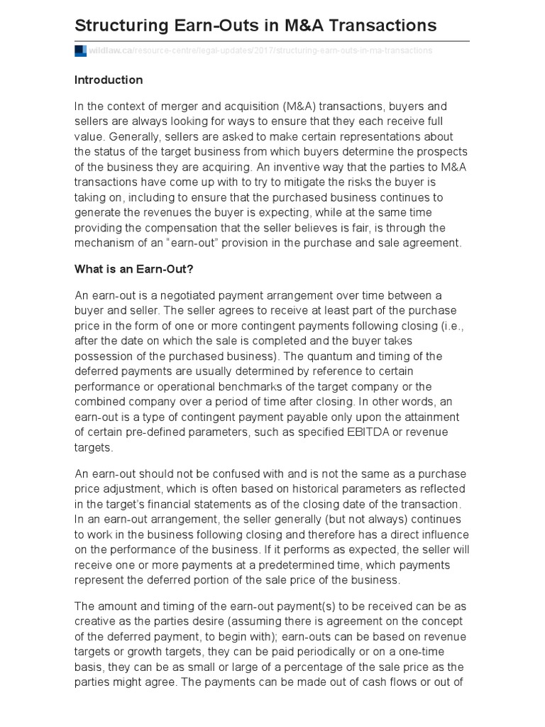 Structuring Earn-Outs in M&A Transactions | PDF | Mergers And ...