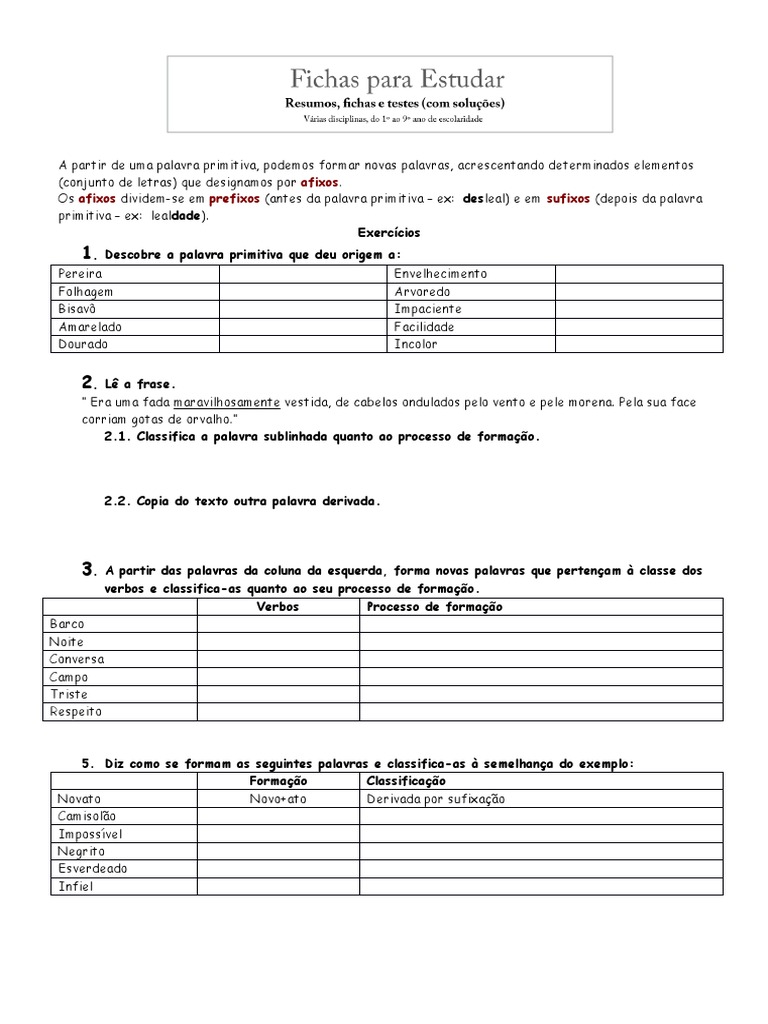 Ficha Portugues 5 Ano Prefixação Sufixação | PDF