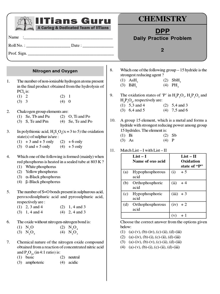 Chemistry - P-Block Elements DPP 2-1 | PDF | Nitrogen | Nitrogen Dioxide