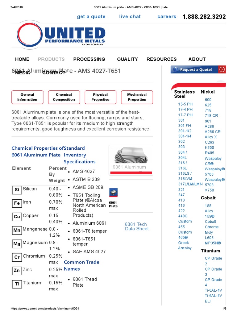 6061 Aluminum Plate - AMS 4027 - 6061-T651 Plate | PDF | Aluminium | Alloy